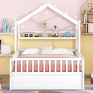 SIYSNKSI Full Size House Bed with Trundle, Wooden House Platform Bed with Shelf and Storage Headboard, Montessori Bed Playhouse Tent Bed Frame for Kids Girls Boys (White + Wood-87C)