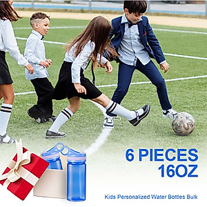 6 Pack Kids Water Bottle with Straw & Hanging Clip, 16 oz Square Personalized Plastic Water Bottle Bulk, Dishwasher Safe & Lightweight for Boys Girls to School Sports Travel Camping, DIY Gift, Blue