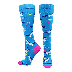 MadSportsStuff Peace Love Unicorn Over the Calf Socks (Electric Blue/Neon Pink, Small)