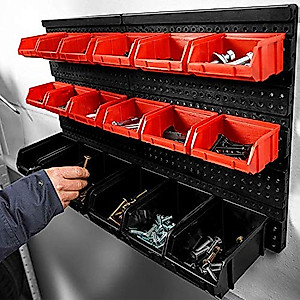 WISION Wall Mounted Storage Bins, 30 Wall Mount Tool Organizer Bins Parts Rack Container, Easy Access Compartments For Tools, Hardware, Crafts, Office Supplies And More, Blackred