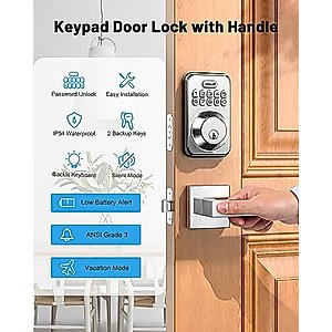 Zowill Keyless Entry Door Lock with 2 Lever Handles, Electronic Keypad Deadbolt, Auto-Locking, Anti-Peeping Password, Digital Smart Code Door Lock, Front Door Handle Sets, Satin Nickel