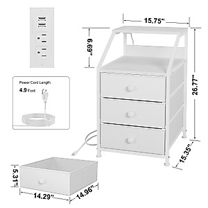 REAHOME Nightstand Set of 2, White Night Stands with Charging Station, Bedside Tables with 3 Fabric Drawers and 2-Tie Storage Shelves, Modern Side Table for Bedroom Living Room - White