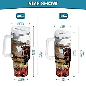 Jihqo Western Cowboy Dessert 40 oz Stainless Steel Vacuum Insulated Tumbler with Handle and Straw Lid, Leakproof Water Bottle Double Wall Travel Mug Coffee Cup, Cupholder Friendly