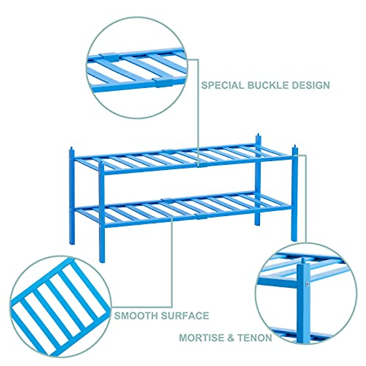 quiqear Bamboo Shoe Rack, 2 Tier Shoe Rack Organizer, Stackable & Durable Shoe Shelf Holder, Free Standing Shoe Racks, Shoe Storage Organizer for Entryway, Closet, Hallway (Blue)