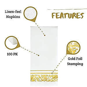 White and Gold Napkins Disposable Decorative - 100 PK - Linen Feel Paper Guest Towels Disposable Bathroom Fancy Wedding Napkins White Dinner Napkins Party Napkins Cloth Like