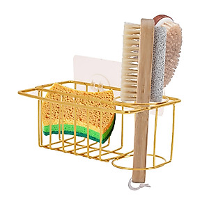 blueden 3-in-1 Adhesive Sink Caddy Kitchen Sink Organizer,Stainless Steel Sponge and Brush Holder for Kitchen Sink,Suitable for Sponges,Dish Cloth,Scrubbers, Soap, Kitchen, Bathroom.Gold