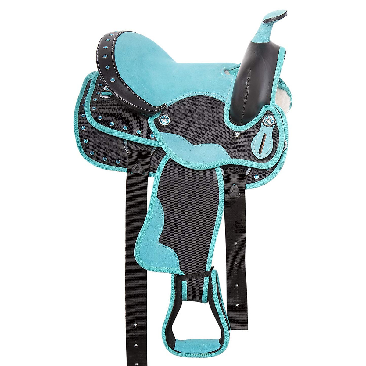 Acerugs 10" 12" 13" Synthetic Western Youth Kids SEAT Quarter Horse Saddle TACK PAD Headstall REINS Breast Collar Set (Turquoise, 12")
