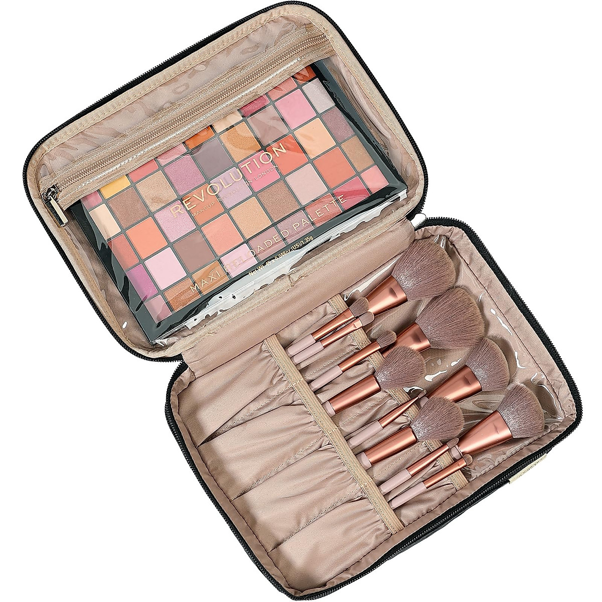 NISHEL Large Double Layer Travel Makeup Bag Women, Large Cosmetic Case, Organizer for Travel-Size Accessories Bottles, Brushes, Conditioner, and Skin Care Products, Black