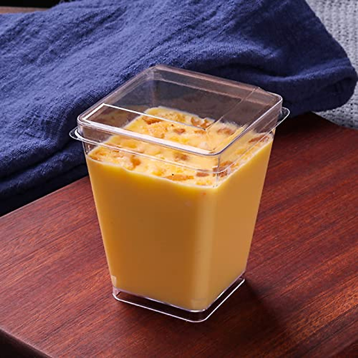 Tosnail 50 Pack 5 Oz Tall Square Clear Plastic Dessert Tumbler Cups with 50 Pieces Plastic Lids and 50 Pieces Plastic Tasting Spoons - Clear