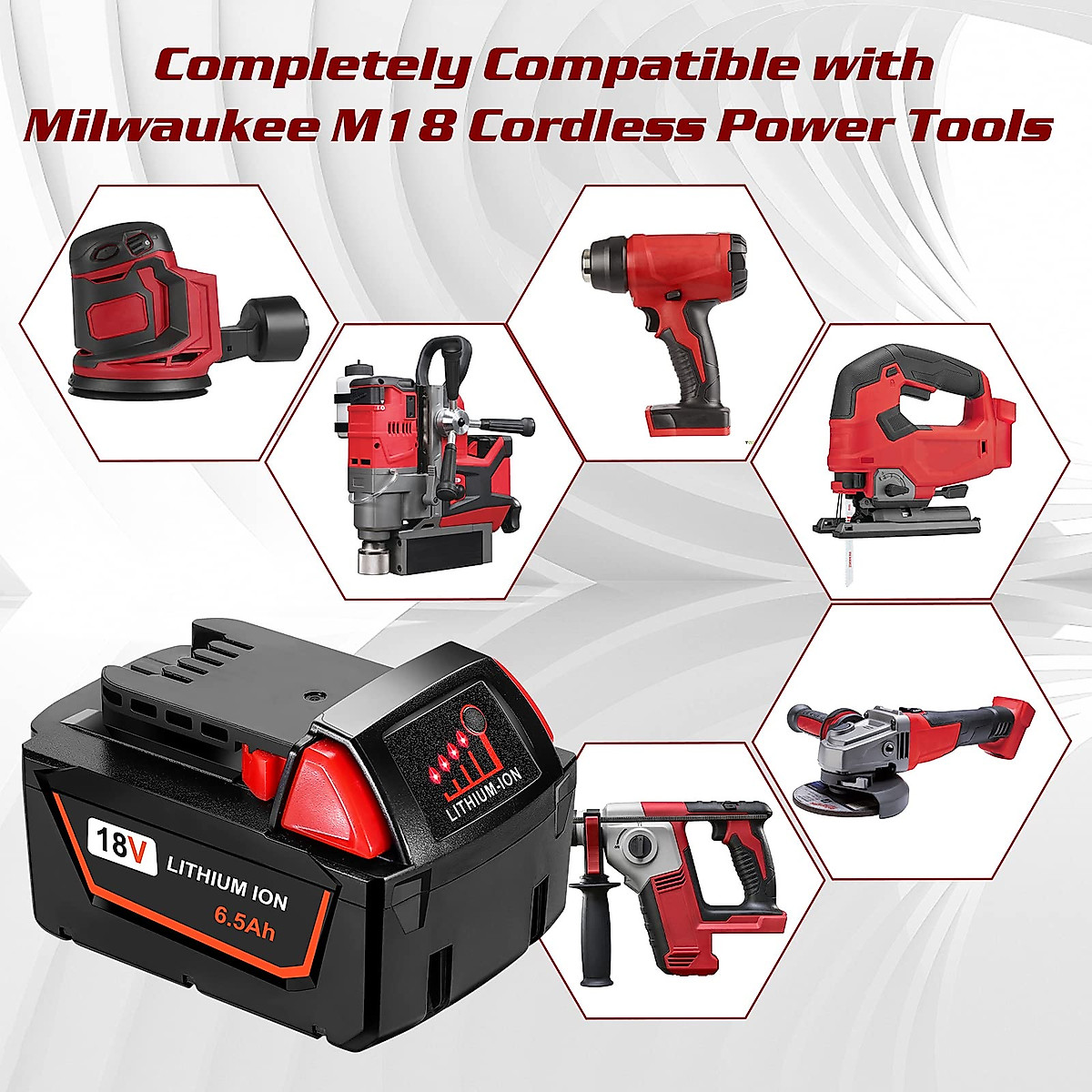 HUSUE 6.5Ah 18V Replacement Battery for Milwaukee M18 Battery, Lithium Battery Compatible with Milwaukee M18 18V 48-11-1815, 48-11-1820, 48-11-1840, 48-11-1850, 48-11-1860 Cordless Power Tools, 2 Pack