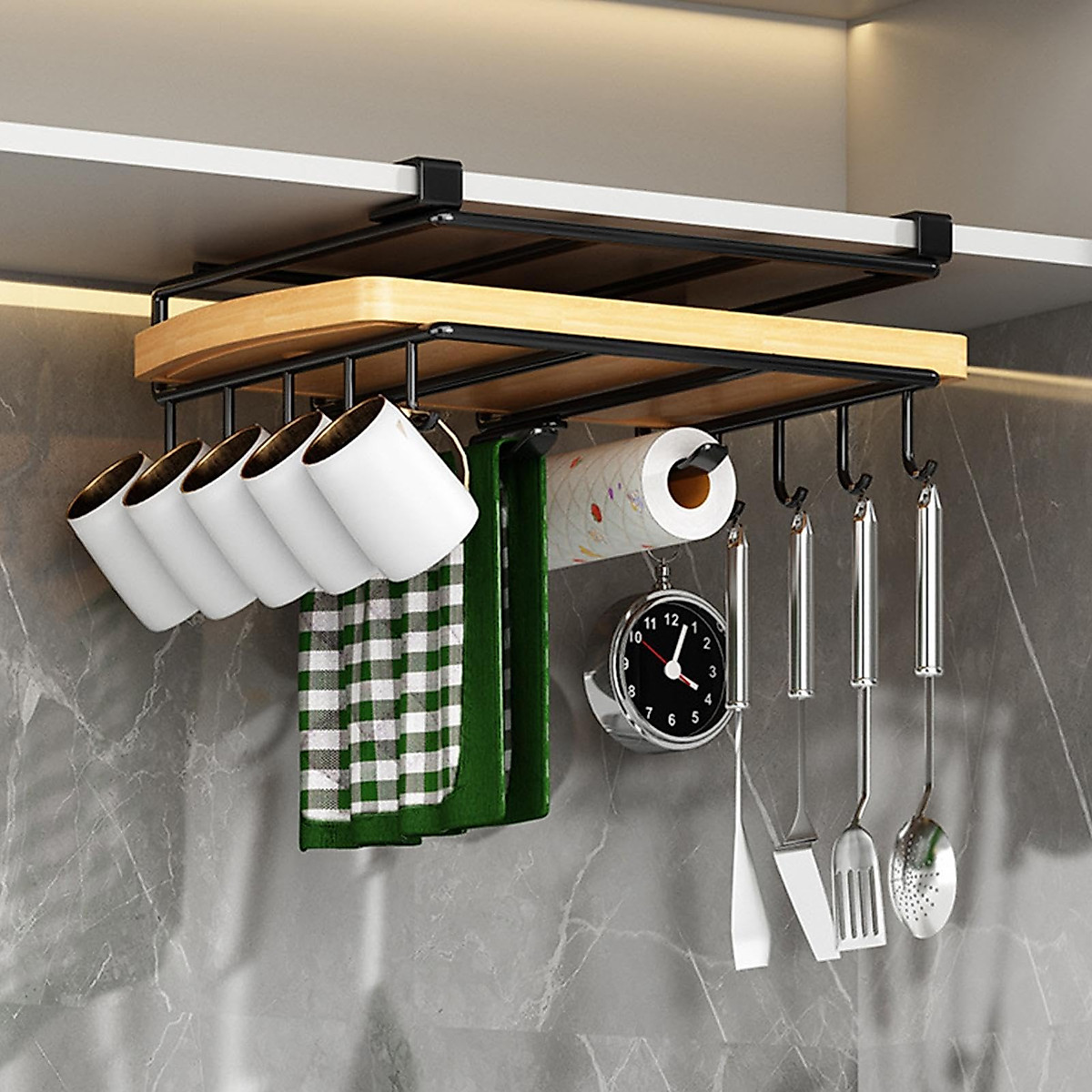 DAMLUX Mug Rack Under Cabinet, Mug Hanging Under Shelf, Stainless Steel Punch Free Mug Hooks Under Cabinet with Place Cutting Boards, Paper Towels, Cups, Towels, Utensil Hanger Kitchen Organizers