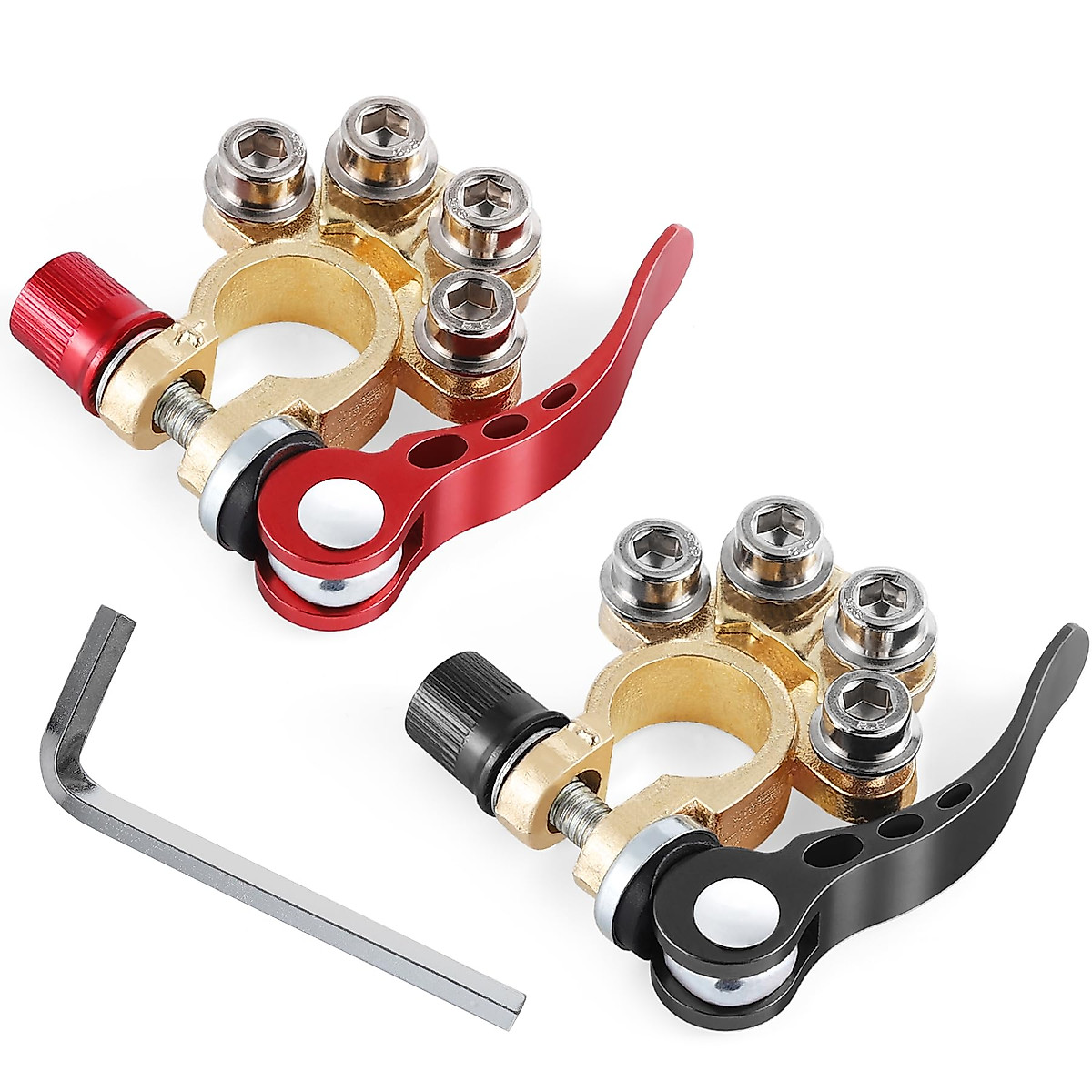 SINGARO Car Battery Terminal Connector, 4 Way Positive and Negative Pole Quick Release Terminal Clip, Applicable to SAE/JIS A Type Terminal Post, Compatible with Cars, Trucks and More（Gold-B）