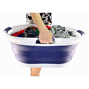 SAMMART Set of 2 Collapsible 3 Handled Plastic Laundry Basket-Oval Tub/Basket-Foldable Storage Container/Organizer-Portable Washing Tub-Space Saving Laundry Hamper (44L Oval-White/Navy Blue)