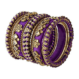 Aheli Ethnic Handmade Silk Thread Faux Stone Studded Bangle Set Chudha Indian Traditional Wedding Wear Fashion Jewelry for Women (Purple)