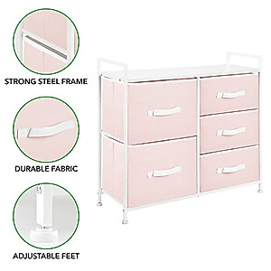 mDesign 30.03" High Steel Frame/Wood Top Storage Dresser Furniture Unit with 5 Removable Fabric Drawers - Tall Bureau Organizer for Bedroom, Living Room, Closet - Jane Collection - Pink/White