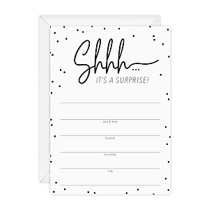 Canopy Street Surprise Party Fill In Invitations / 25 General Invites With White Envelopes / 5" x 7" Modern All Occasion Black And White Confetti Invites/Birthday Party Announcements