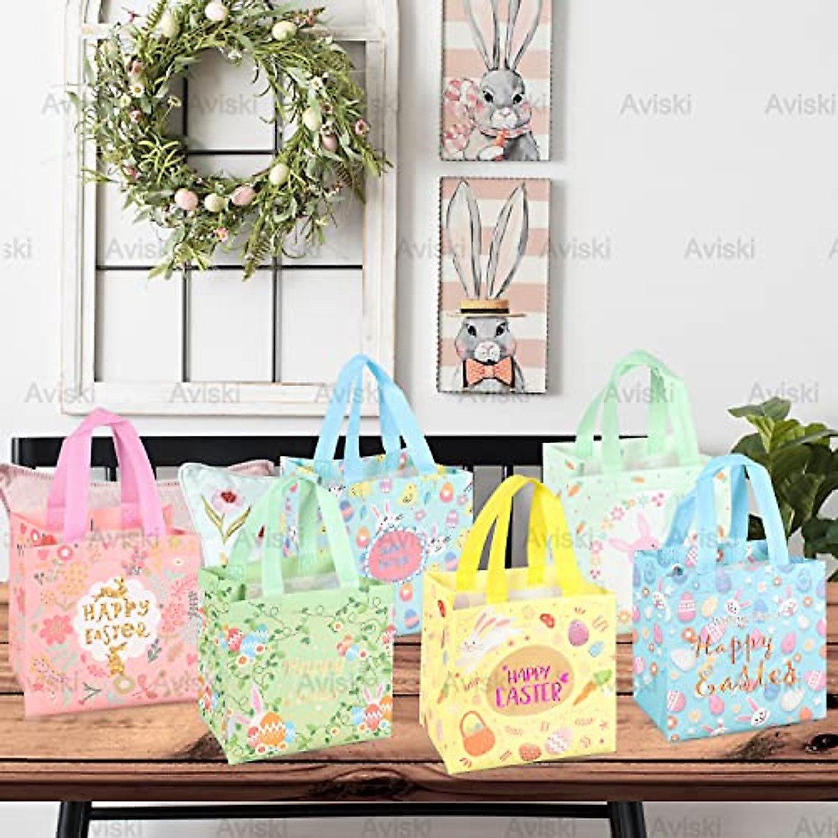 6PCS Happy Easter Egg Hunt Bags Bunny Carrot Chick Metallic Printing Gift with Handles, Treat Bags, Multifunctional Non-Woven for Gifts Wrapping, Party Supplies , 8.3×7.9×5.9inch