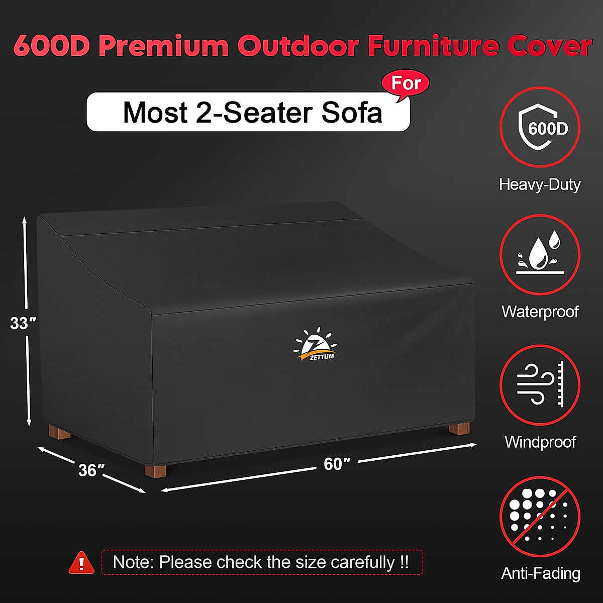 Zettum Patio Loveseat Cover 60 Inch - 600D Outdoor Couch Cover Furniture Sofa Cover Waterproof Heavy Duty, 2-Seater Bench Cover for Outside Sofa, Loveseat, Couch, Bench and Glider - 60 x 36 x 33 Inch