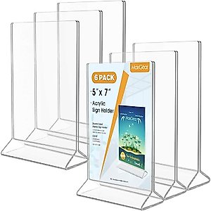 MaxGear Acrylic Sign Holder 5x7 Inches-Clear Table Card Display-Table Menu Plastic Display Stand - Double Sided Ad Picture Frame for Office, Home, Store, Restaurant, 6 Pack
