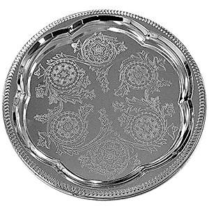 Maro Megastore (Pack of 4) 11.8-Inch Elegant Round Floral Pattern Engraved Catering Chrome Plated Serving Plate Mirror Tray Platter Tableware Decor Holiday Wedding Birthday Party (Small) T226s-4pk