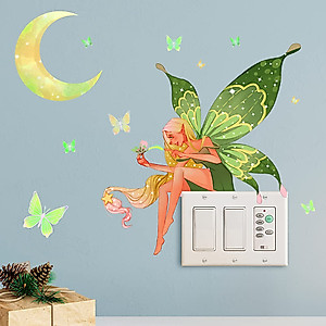 Glow in The Dark Butterfly Fairy Wall Sticker Luminous Moon Butterflys Wall Decals Cartoon Flower Fairy Princess Wall Stickers for Girls Bedroom Nursery Living Room Classroom Ceiling Decor Kids Gift
