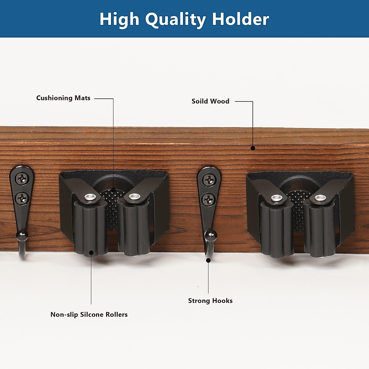 jabrand Broom Holder Wall Mount, Wood Mop and Broom Hanger with 4 Slots and 5 Hooks Laundry Room Organizer Tool for Home Garden Garage Yard Kitchen Closet Organization Storage Garden