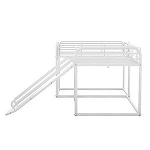 VilroCaz 4 Beds in 1 Design L-Shaped Bunk Bed Full and Twin Size with Slide for Kids Teens, Modern Metal Bunk Bed Frame with Safety Guardrail, Maximizes Space, Easy Assembly (White-M)