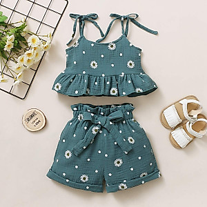 Jeinxcn Toddler Baby Girl Summer Clothes Daisy Floral Print Halter Ruffle Tank Tops Shorts Outfits set 2-3T Green