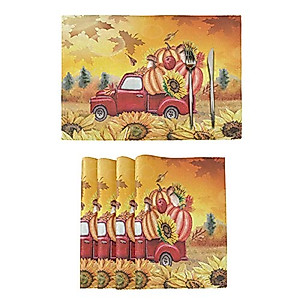 Autumn Pumpkin Sunflower Placemats Tables Mats for Kitchen Dining Set of 4 Fall Truck Thanksgiving Double Sided Tablemats Place Mats Farmhouse Tablemats for Holiday Wedding Party Home Decoration