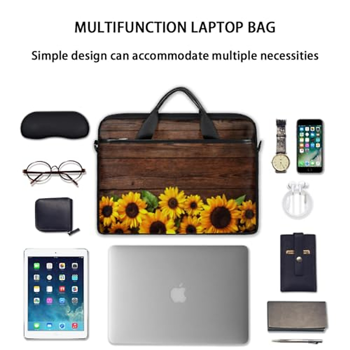 Sunflowers Wooden Laptop Computer Bag Waterproof Shoulder Messenger Bag 13-15 inch Durable Laptop Tote Bag with Shoulder Strap Handle Lightweight Crossbody Briefcase
