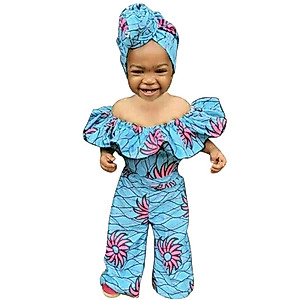 Shan-S Newborn Infant Toddler Jumpsuit Overalls Kids Baby Girls Off Shoulder Dashiki African Romper + Headband Outfit