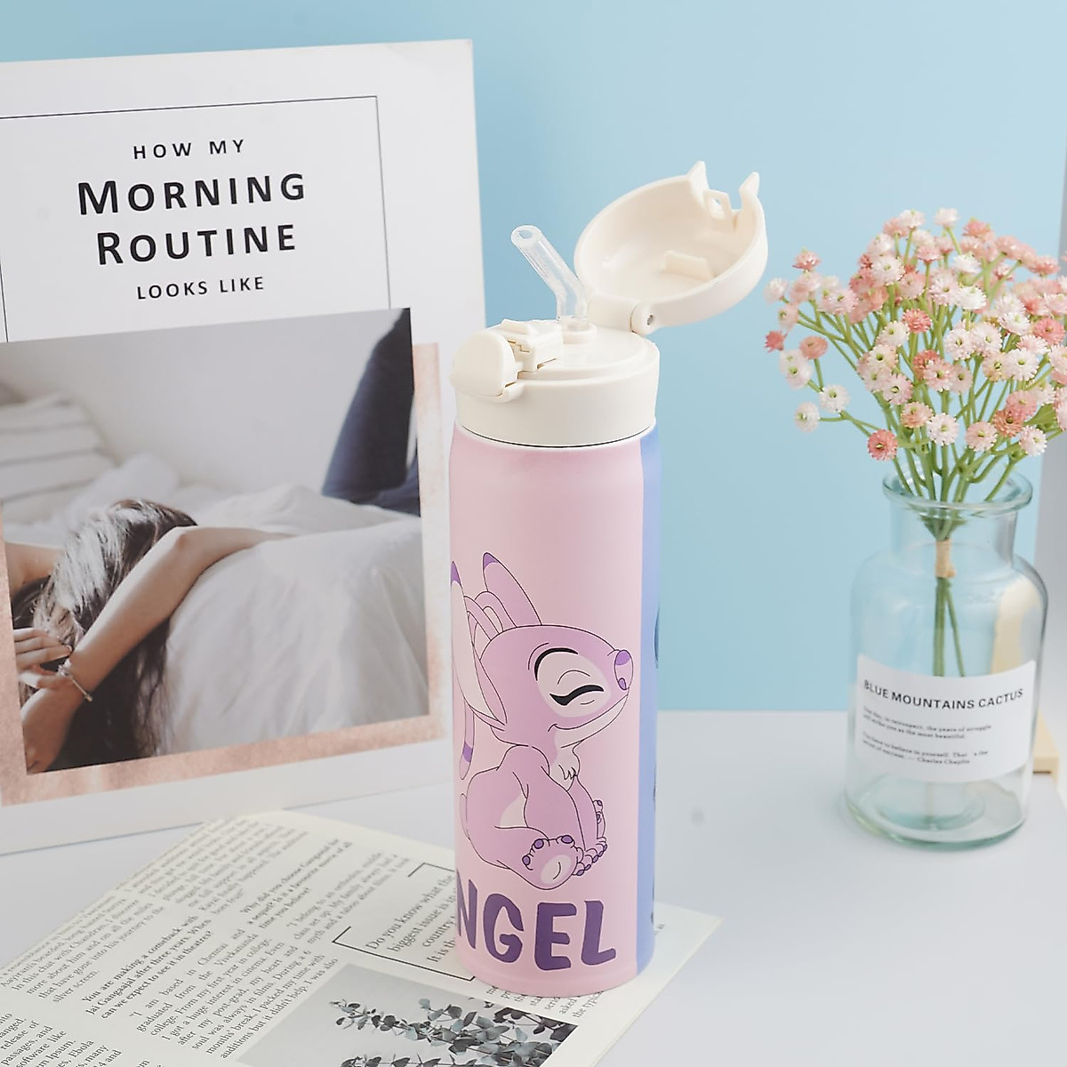 Cute Stitch Water Bottle,Cartoon Anime Water Bottle Cup with Straw,Quick Open Insulated Bottle for Girls 480ml (A)