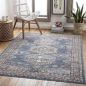 Watsonia Outdoor Area Rug - Outside Porch Patio Rug Carpet - Waterproof Rug - Persian Oriental Vintage Look - Blue, Orange, Brick Red - 6'7" x 9'