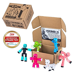 Zing Stikbot Family Pack, Set of 6 Stikbot Collectable Action Figures, Includes 2 Stikbots, 2 Junior Stikbots, 1 Dog, and 1 Cat, Stop Motion Animation - in Eco-Friendly Packaging