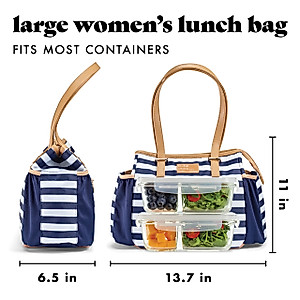 Fit & Fresh Lunch Bag For Women, Insulated Womens Lunch Bag For Work, Leakproof & Stain-Resistant Large Lunch Box For Women With Container and Matching Tumbler, Zipper Closure Copley Bag Navy Stripe