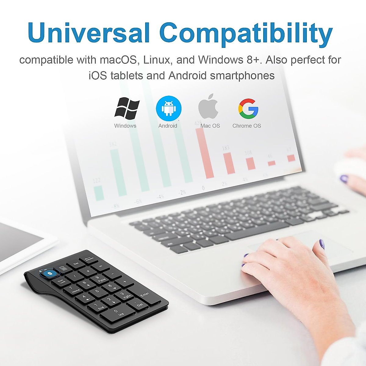 Bluetooth Number Pad Wireless & Wired 10 Key USB Keypad, Rechargeable Numpad for Laptops, Desktop, Computers Accessories Compatible with MacBook iPads ChromeBook EliteBook Notebook etc.