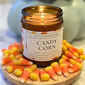 Candy Corn Scented Candle, Sugar, Vanilla, & Butter Scent, 100% Soy Wax 9 oz Candle, 50 Hour Burn Time, Recyclable Amber Glass Jar, Made in the USA, JOY CO Candles & Goods, Fall Décor, Halloween Decor