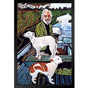 Man in Boat with Dogs Movie Painting Poster Motorboat On Water Film Black Wood Framed Art Poster 14x20