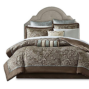 Madison Park Aubrey Cozy Comforter Set, Faux Silk Jacquard Paisley Design - All Season Down Alternative Bedding with Cotton Bed Sheets, Bed Skirt & Toss Pillows, Queen Blue 12 Piece