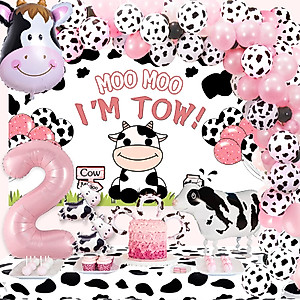 Roetyce Cow 2nd Birthday Decorations for a Girl, Moo Moo I'm Two Birthday Decorations Girl Boy Cow 2nd Birthday Party Supplies, Cow Two Birthday Banner and Cow Balloons for Cow Themed Birthday Decor