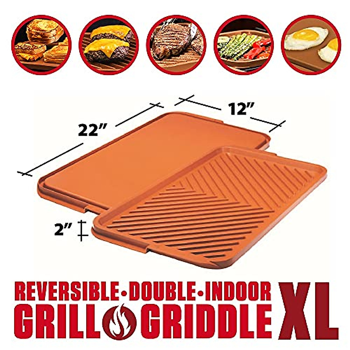 Gotham Steel Nonstick Double Grill Griddle Pan, Brown Reversible with Ti-Cerama Coating, Perfect for BBQs and More As Seen on TV-XL, X-Large