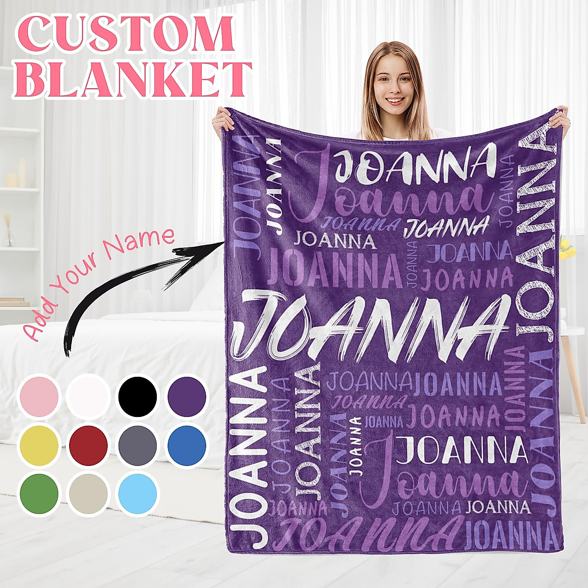 Husguciy Custom Blanket with Name, Personalized Purple Name Fleece Throw Blankets for Men Women Boys Girls Kids Baby, Customized Name Blanket Gifts for Chrismas Halloween Valentines Day
