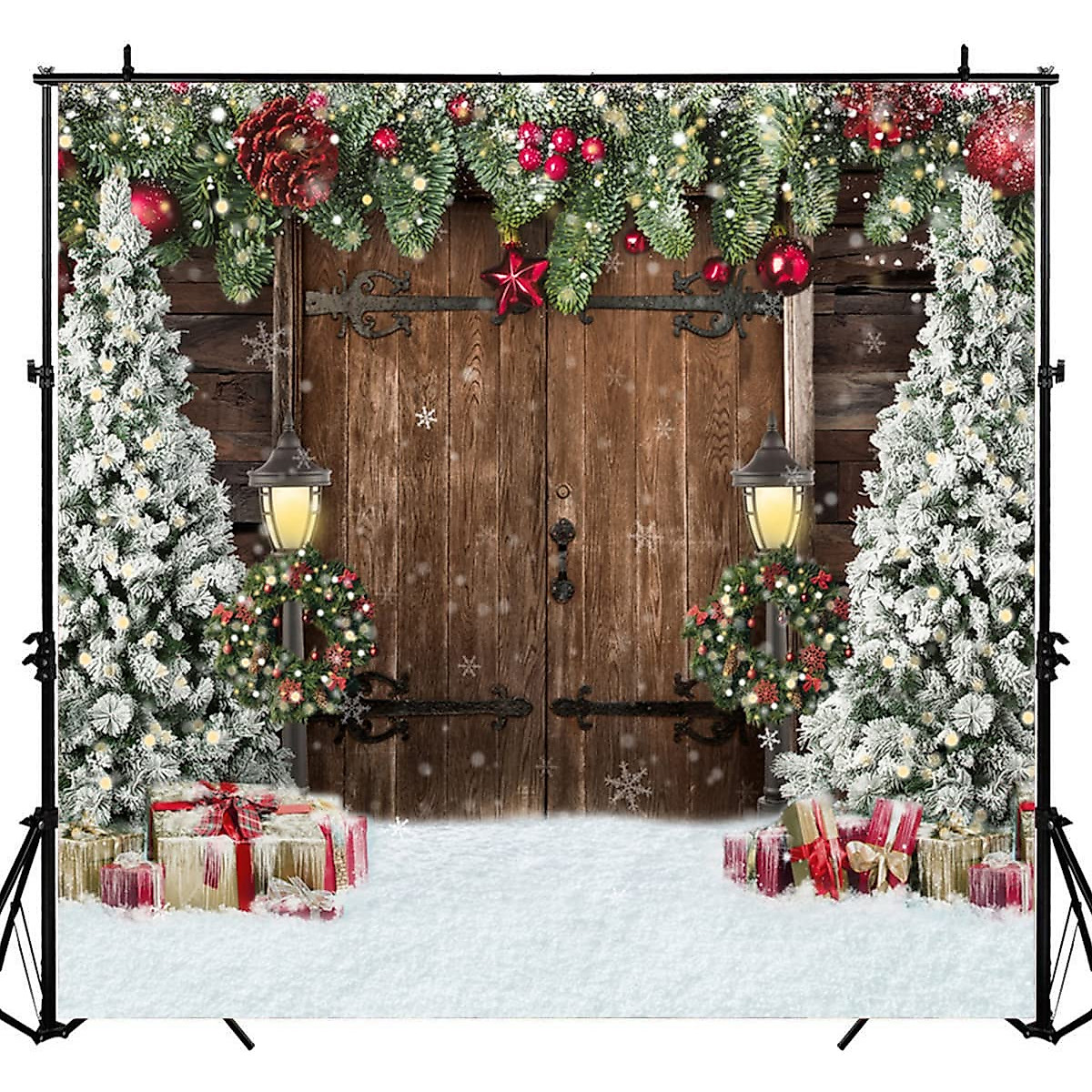 Lofaris Winter Christmas Backdrop Xmas Photography Backdrop Rustic Barn Wood Door Backdrop Xmas Tree Snow Gift Bell Kids Adult Family Supplies Banner Party Baby Shower Decoration Background 8x8ft