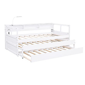 RORIGAT Twin XL Wood Daybed with 2 Trundles, 3 Storage Cubbies, 1 Light for Free and USB Charging Design, No Box Spring Needed, Wooden Platform Bed for Kids Teens Adults,White
