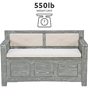 Linon Weathered Grey Carlton Storage Bench with Beige Upholstered Back and Cushioned Seat