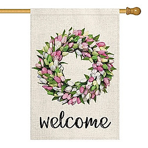AVOIN colorlife Welcome Tulips and Lily Wreath House Flag Double Sided, Seasonal Spring Easter Mother's Day Yard Outdoor Flag 28 x 40 Inch