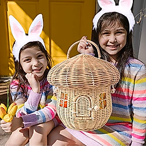 CHADWICK Easter Basket for Kids - 12 Inch Wicker Bunny Basket with Handle & Lid, Mushroom Shape Portable Easter Baskets for Eggs, Candy Storage, Picnic, Desktop Decoration, Party Gifts, Photo Props