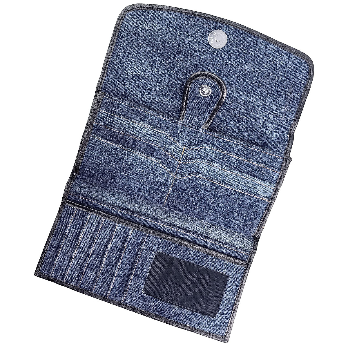 Up-cycling Blue Denim Tri-fold Large Capacity Long Wallet Wristlet Purse Clutch for Women (Dark)