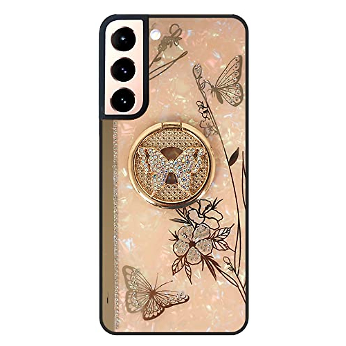 for Samsung Galaxy S21 FE Case for Women with Ring Stand,Glitter Sparkle Pearl Back Cute Butterfly Floral Design,Soft TPU Bumper Bling Diamond Mirror Strip Girly Phone Case for Samsung S21 Fe Pink