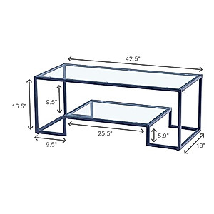 Black Metal Glass Coffee Table - Simple Center Coffee Table for Living Room Home, Metal Frame Coffee Table with 2 Shelves,Modern Table for Bedroom, Dinning Room,Office Decor